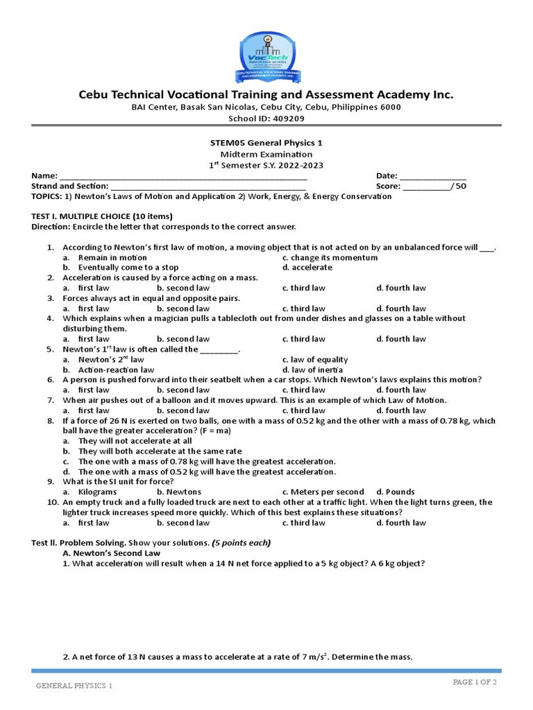 TQ - MIDTERM - Gen Phys 1 | PDF | Force | Mass