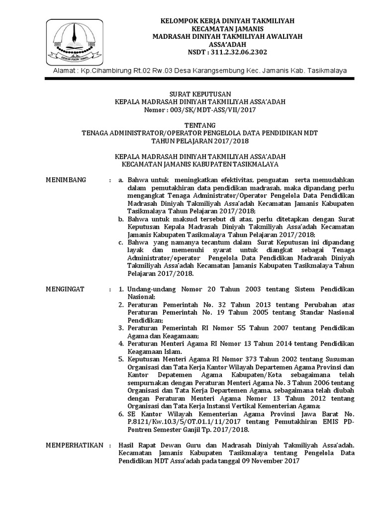 Contoh SK Dan Srat Tgas Operator Diniyah | PDF