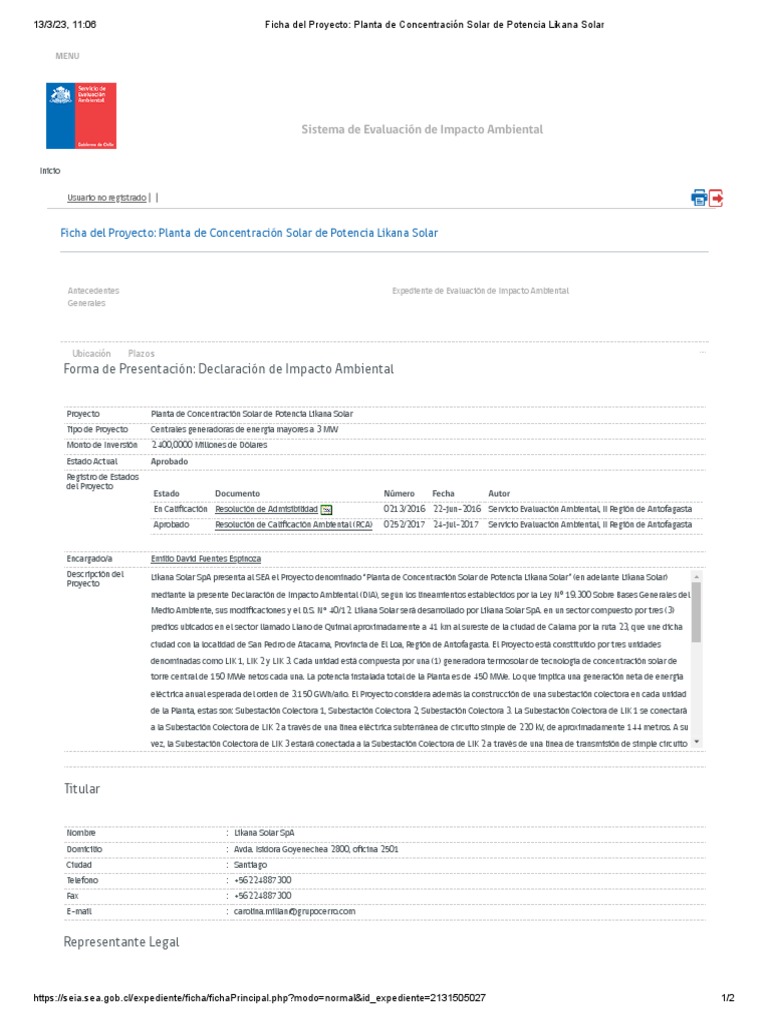 Ficha Del Proyecto - Planta de Concentración Solar de Potencia Likana ...
