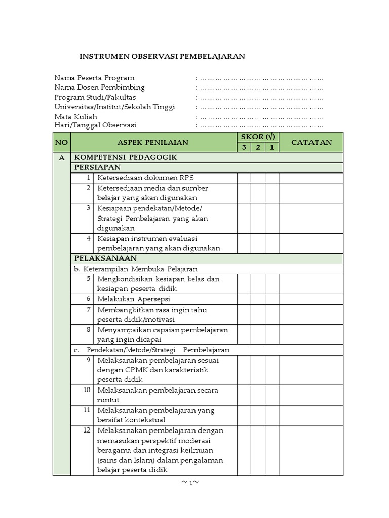 Instrumen Observasi Pembelajaran | PDF
