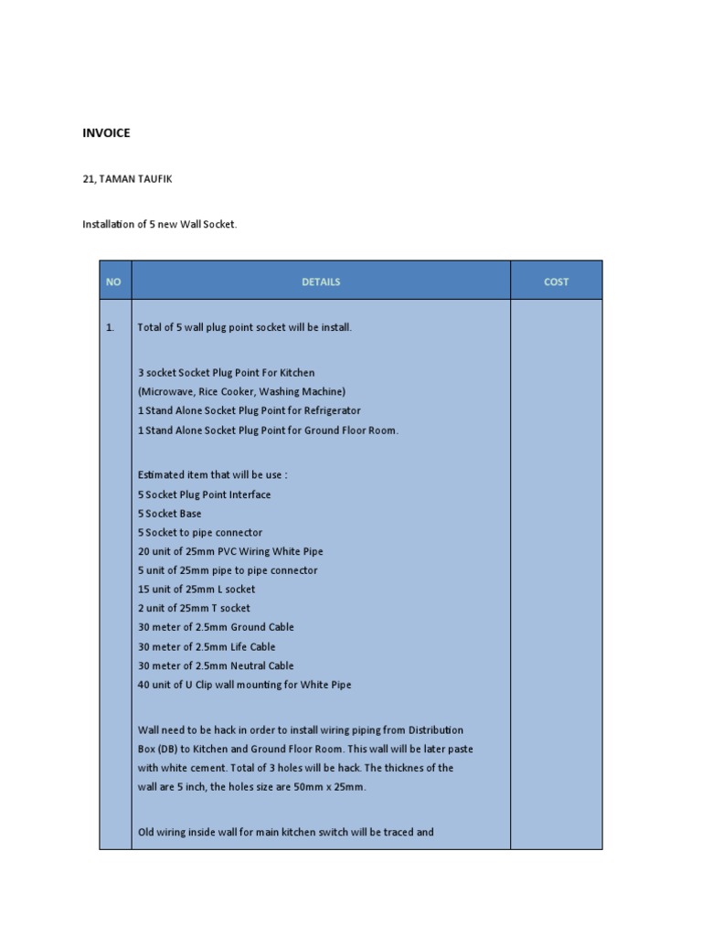 Socket Wiring Installation Invoice | PDF