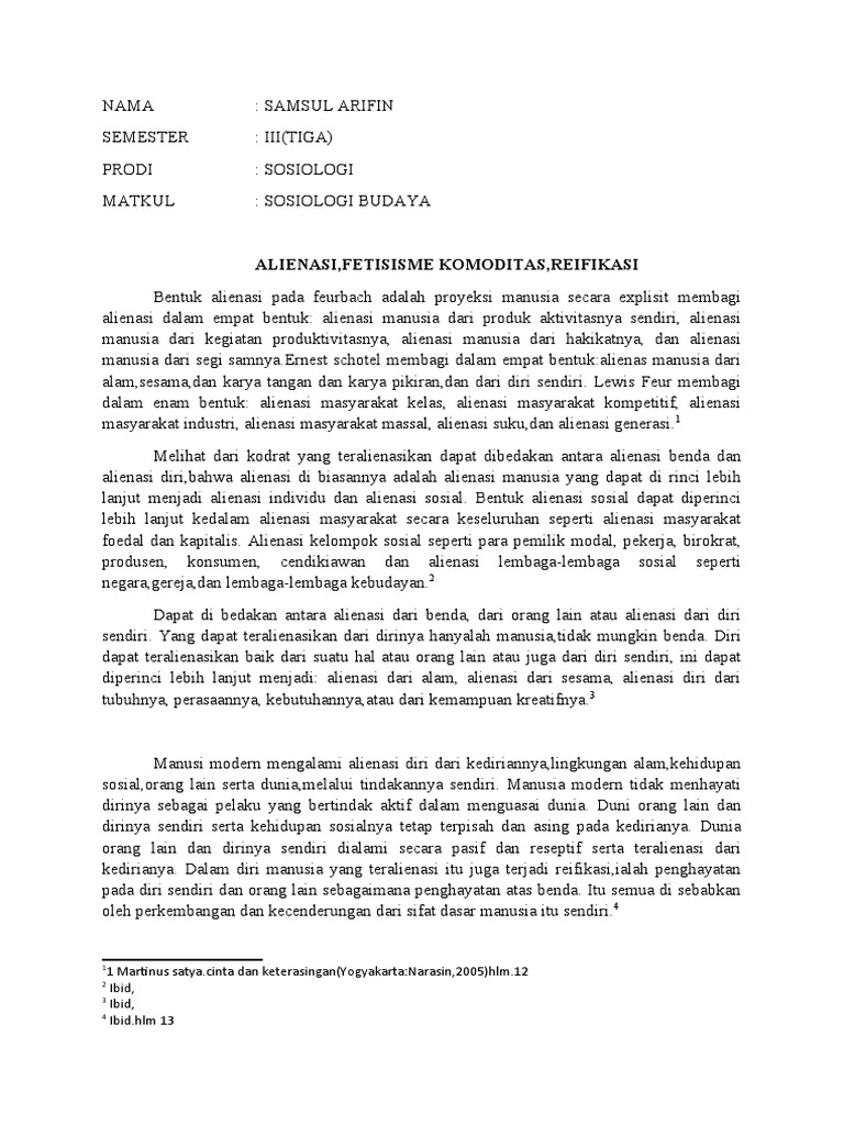 ALIENASI, REIFIKASI, DAN FETISISME KOMODITAS DALAM PERSPEKTIF MARXIS | PDF