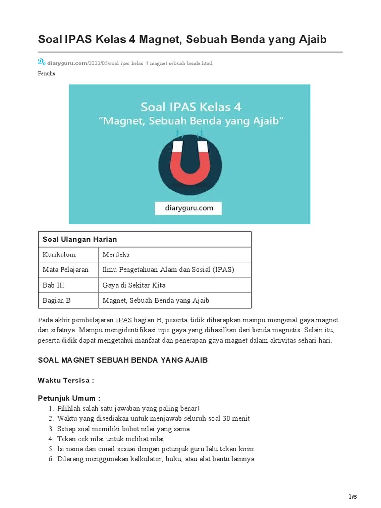 Soal IPAS Kelas 4 Magnet Sebuah Benda Yang Ajaib | PDF