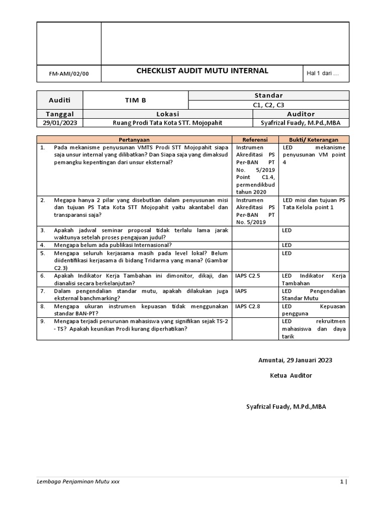 FM-02-Checklist Audit-Latihan | PDF