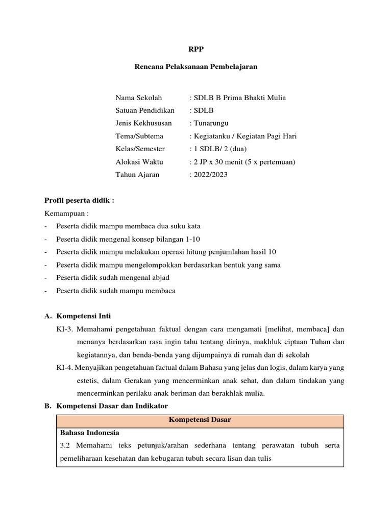 RPP Kelas 1 SDLB Tematik | PDF