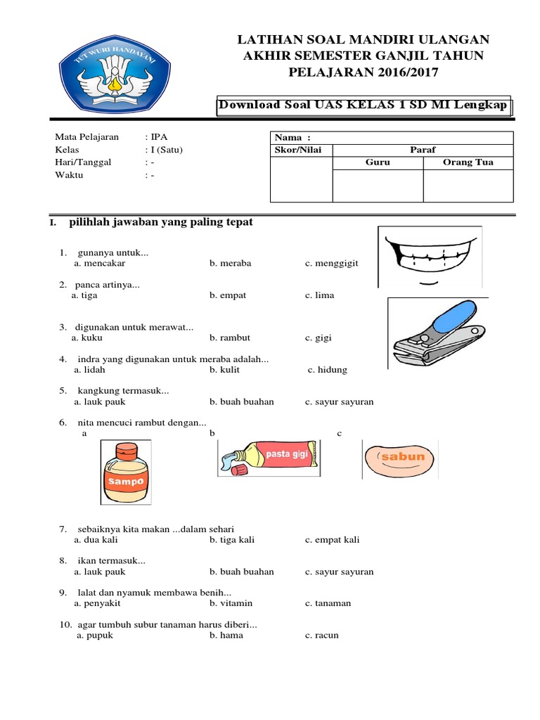 Latihan UAS IPA Kelas 1 SD | PDF