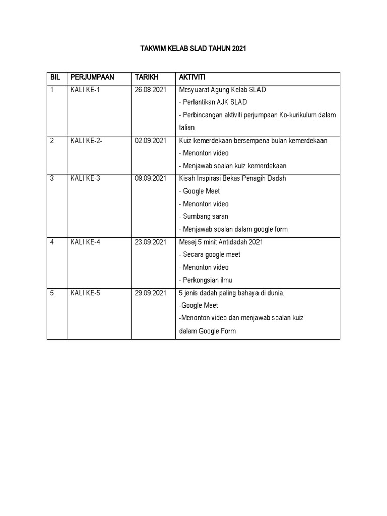 Takwim Kelab Slad Tahun 2021 | PDF