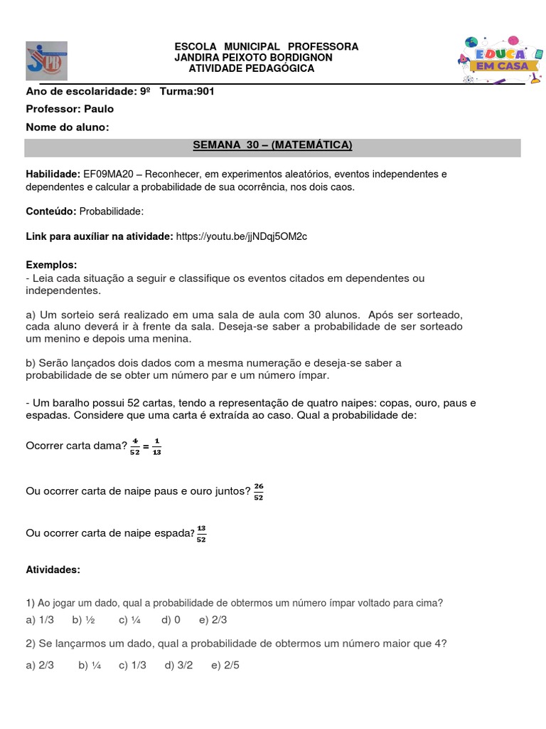 Exerc Cio 9 Ano Semana 30 Matem Tica PDF | PDF | Probabilidade | Cartas de baralho