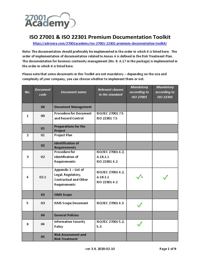 List of Documents ISO 27001 ISO 22301 Premium Documentation Toolkit En | PDF