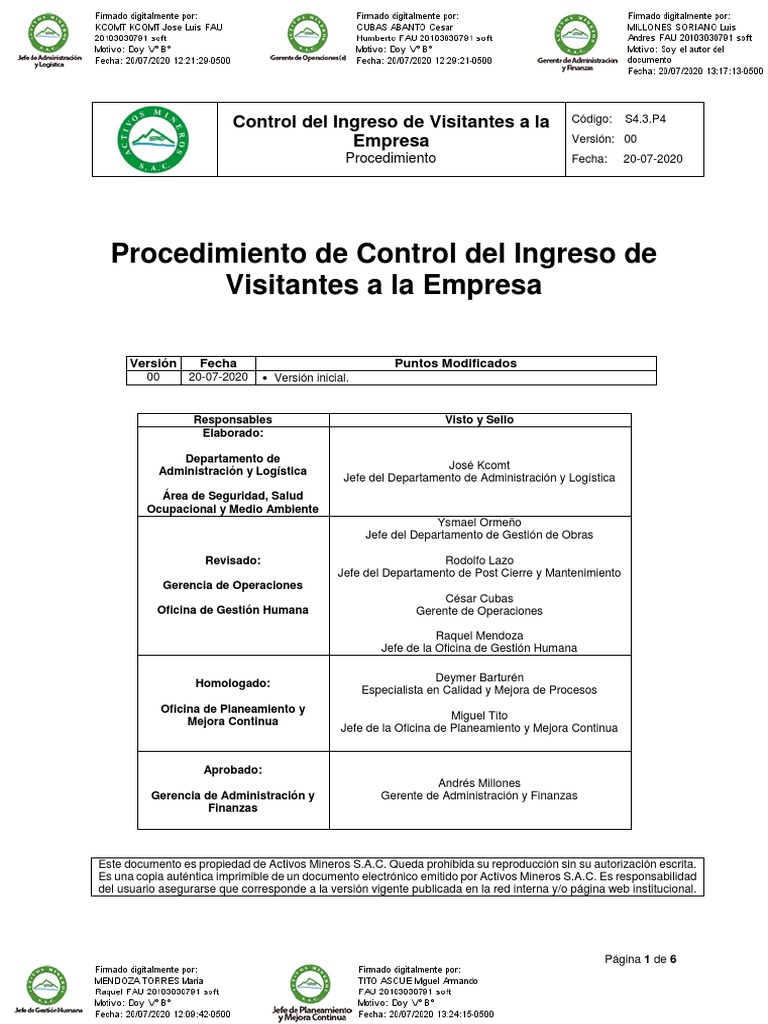 Procedimiento S4.3.P4 Control de Ingreso de Visitantes A La Empresa v00 ...