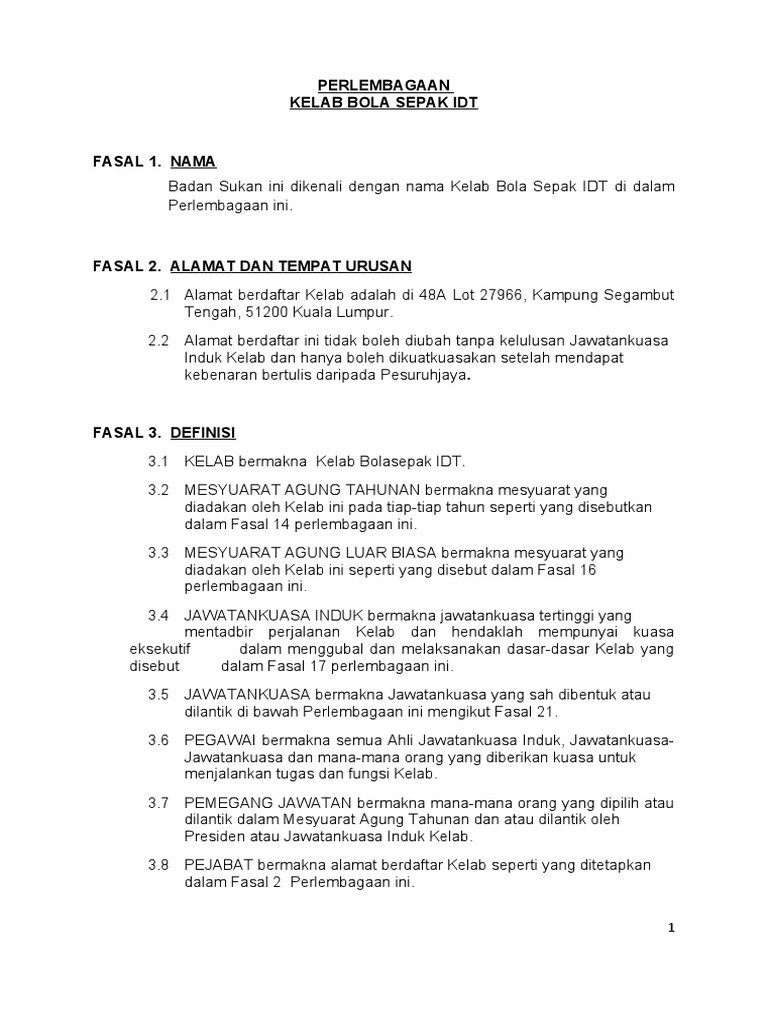 Contoh Perlembagaan Kelab Sukan | PDF