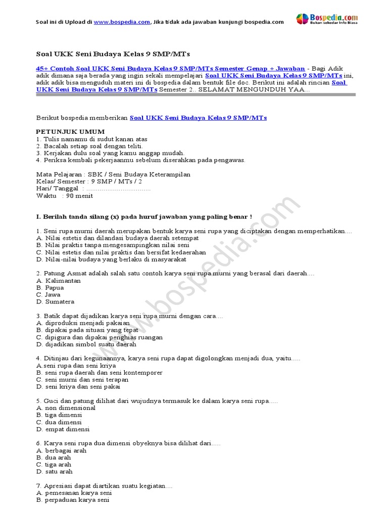 45+ Contoh Soal UKK Seni Budaya Kelas 9 SMP MTs Semester Genap + Jawaban | PDF