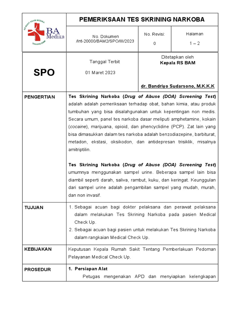 10 SPO Pemeriksaan Tes Skrining Narkoba (2022) | PDF