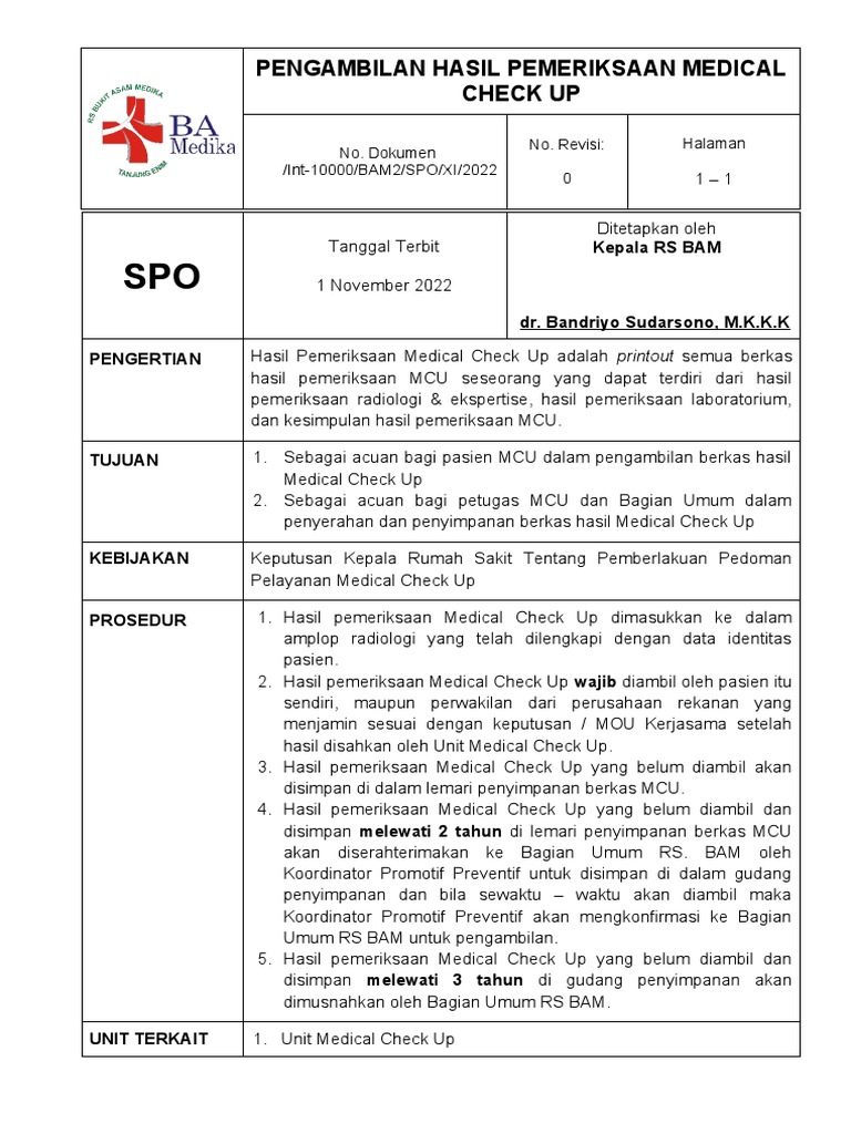 13 SPO Pengambilan & Penyimpanan Hasil Pemeriksaan MCU (2022) | PDF | Pengelolaan Keuangan & Uang