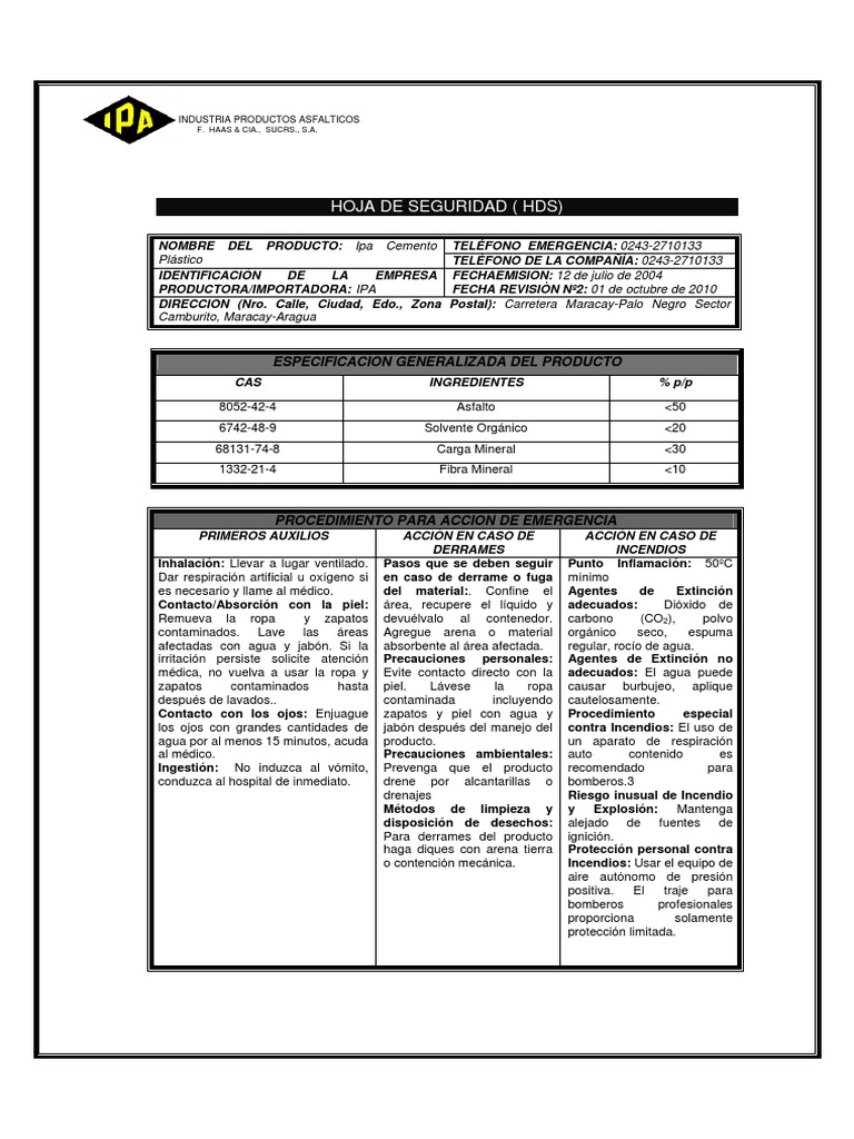 Hoja de Seguridad Ipa Cemento Plástico | PDF