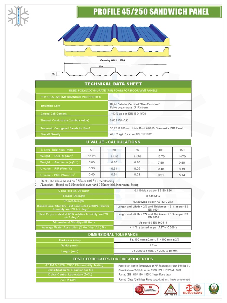 Profile 45 250 Sandwich Panel Techincal Datasheet | PDF | Chemistry | Architectural Design