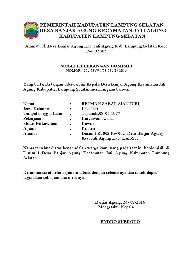 Keterangan Domisili RETMAN SS, SE | PDF