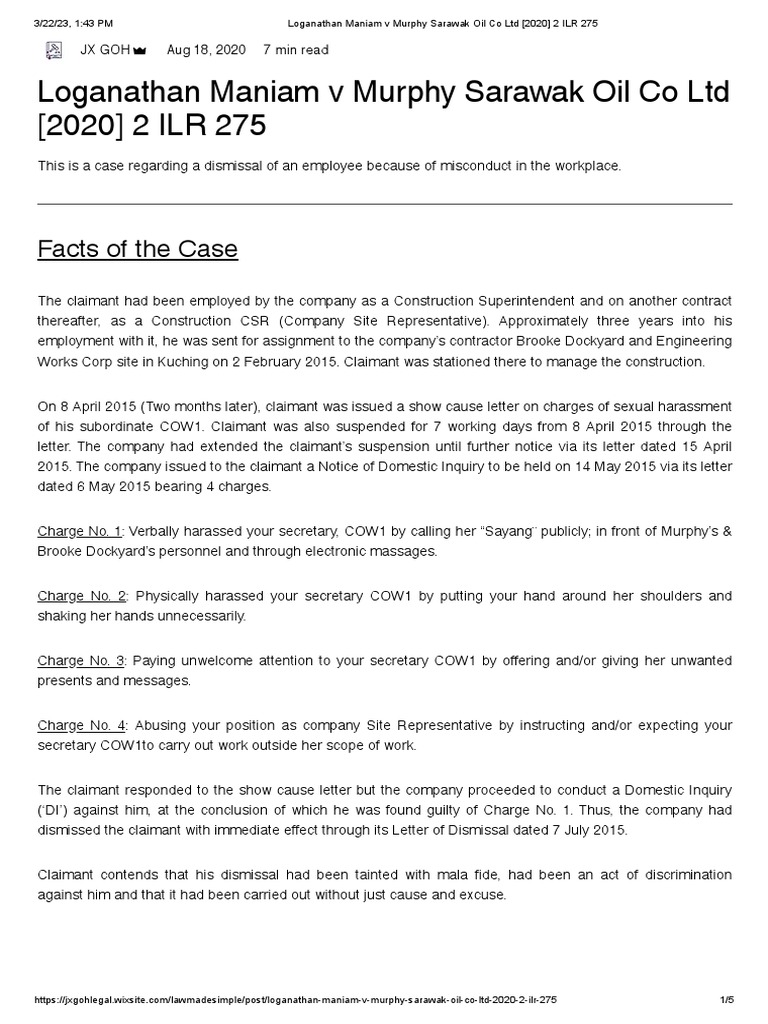 Loganathan Maniam V Murphy Sarawak Oil Co LTD (2020) 2 ILR 275 | PDF