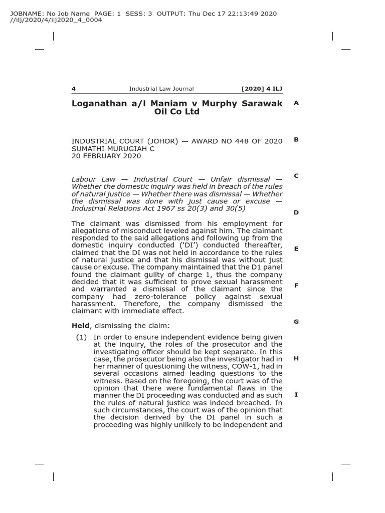 Loganathan Al Maniam v Murphy Sarawak Oil Co Ltd [2020] 4 ILJ 4-2 | PDF