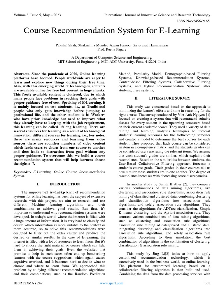 Course Recommendation System For E Learning Pdf
