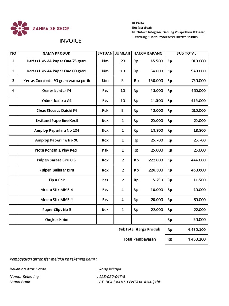 Invoice Zahra Ze Shop | PDF