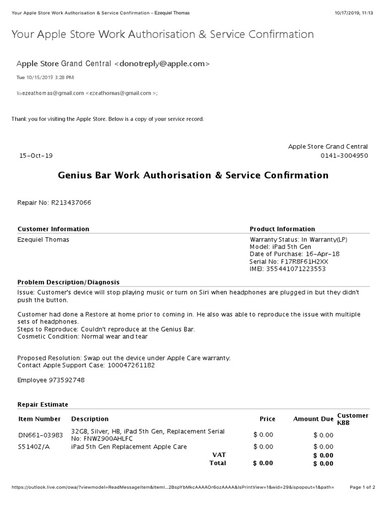Genius Bar Work Authorization Confirmation | PDF