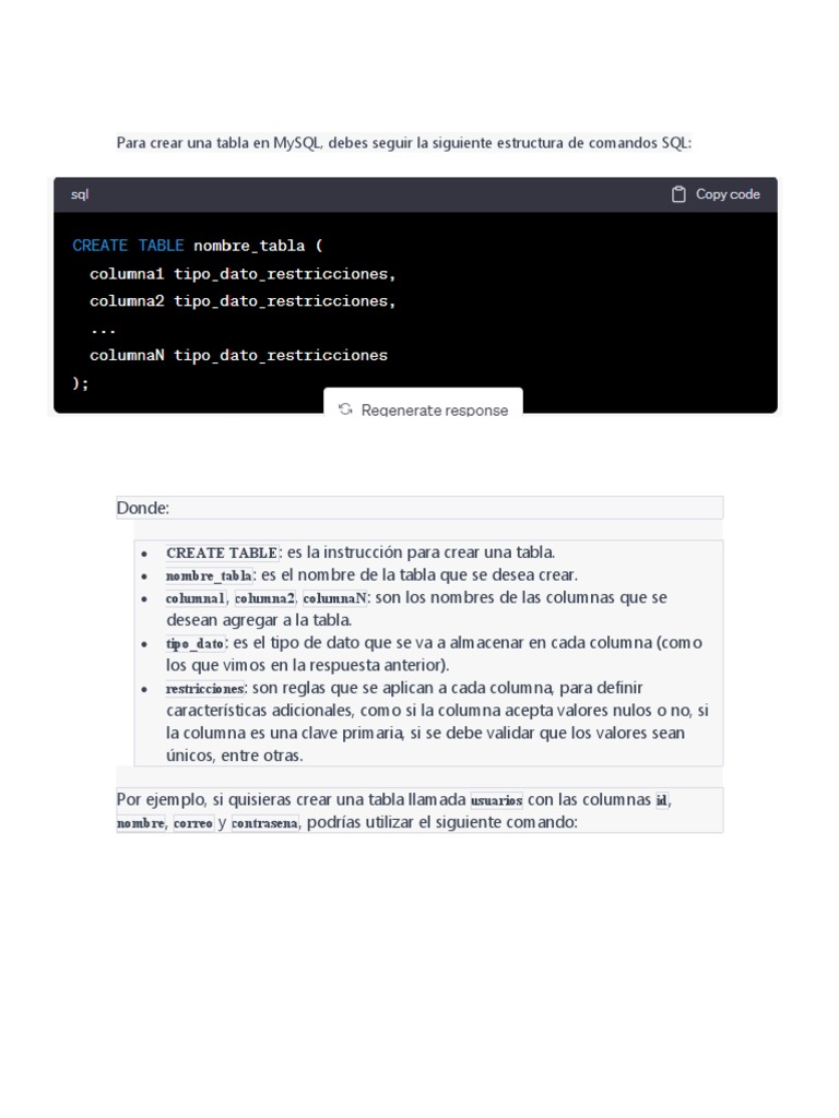 Para Crear Una Tabla en MySQL | PDF | SQL | Byte