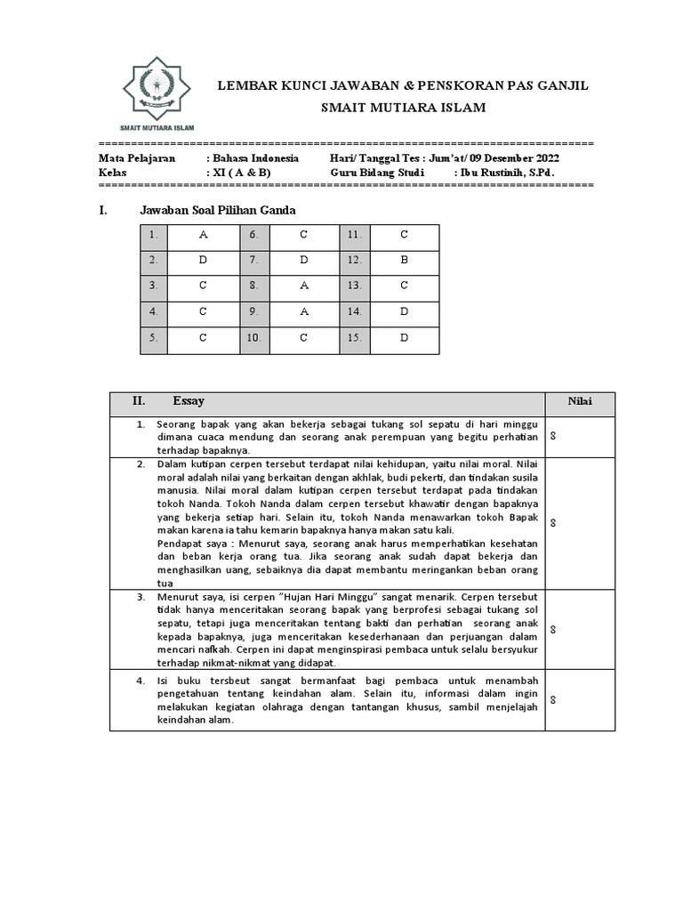 KUNCI JAWABAN KELAS 11 PAS Ganjil 2223 BINDO | PDF