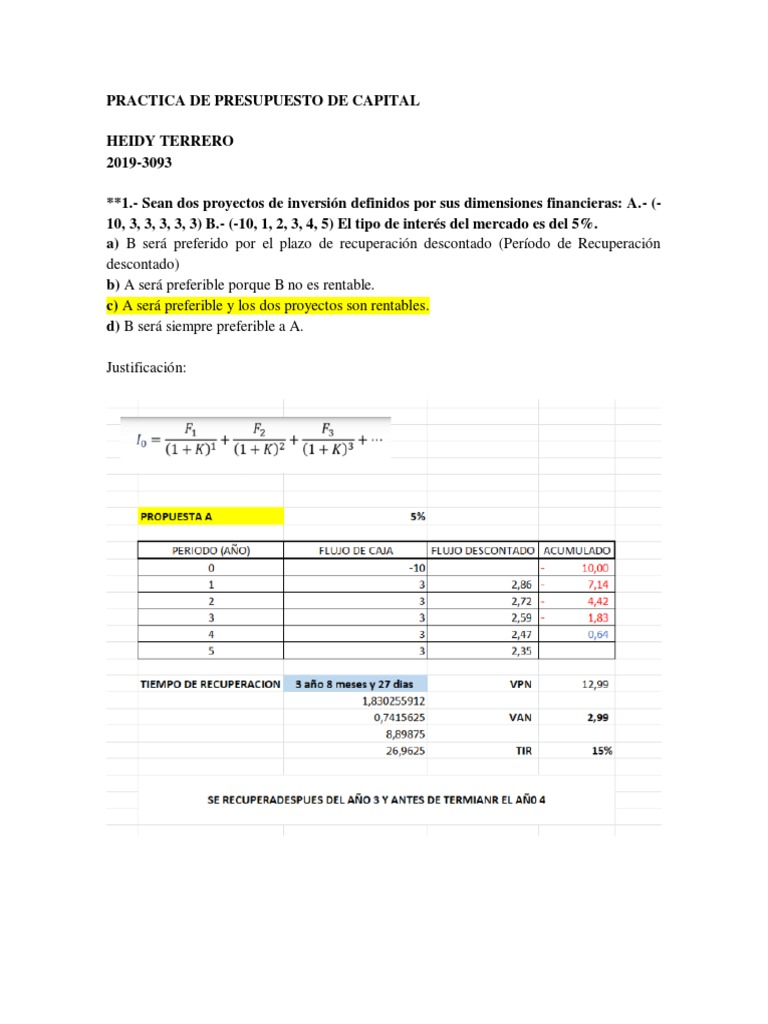 1ra Practica Presupuesto Capital | PDF | Tasa interna de retorno | Economias