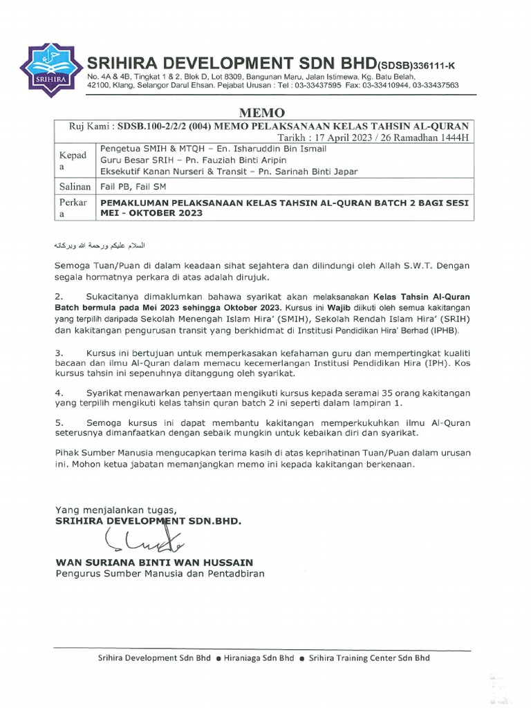 SDSB.100-2.2.2 (004) Memo Pelaksanaan Tahsin Al-Quran | PDF