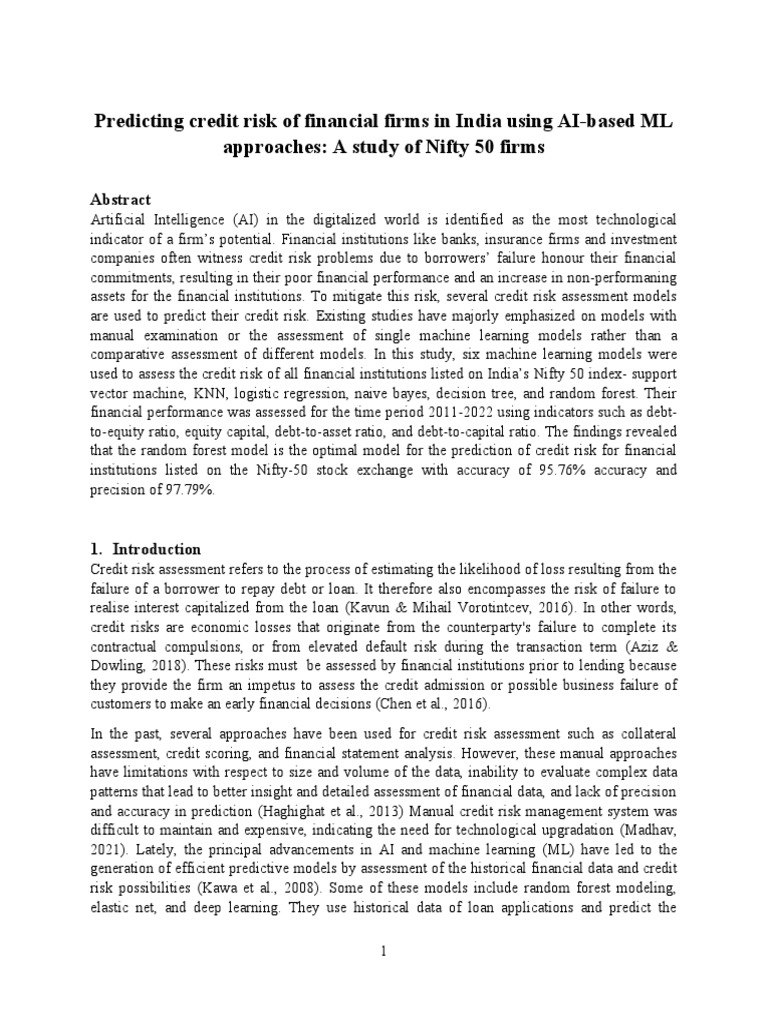 Predicting Credit Risk of Financial Firms in India Using AI-based ML Approaches A Study of Nifty ...