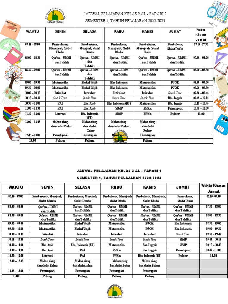 Jadwal Pelajaran Kelas 2 | PDF