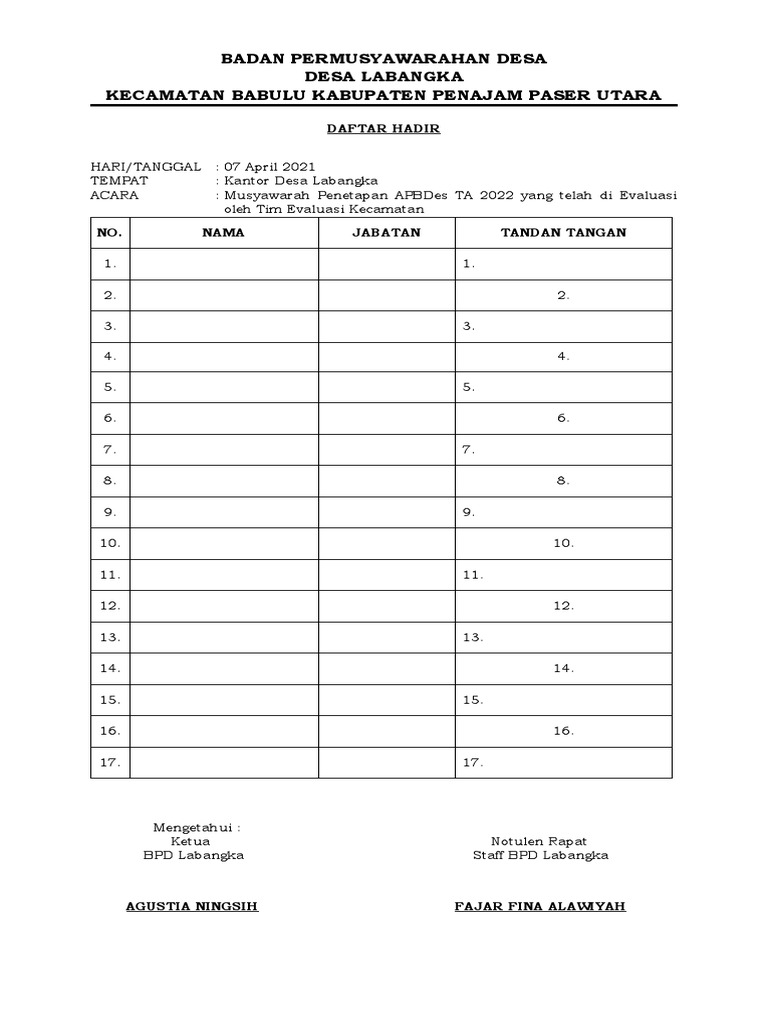 Daftar Hadir BPD | PDF