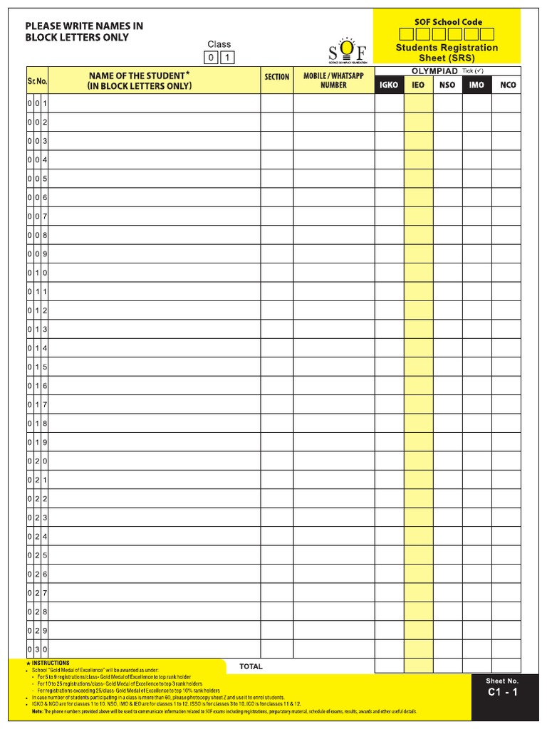 Sof Student Registration Sheet Srs 2023 | PDF