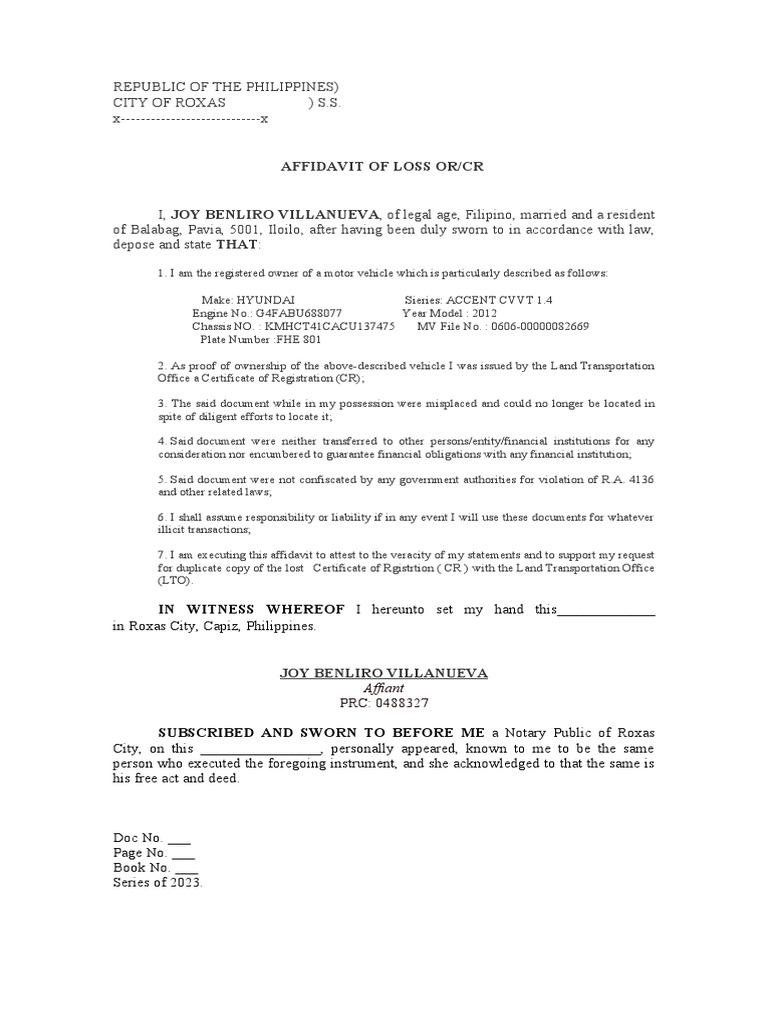 Affidavit of Loss Certificate of Registration (CR) | PDF