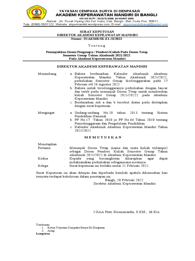 SK Mengajar Dosen Tetap Genap 21-22 | PDF | Pengembangan Diri ...