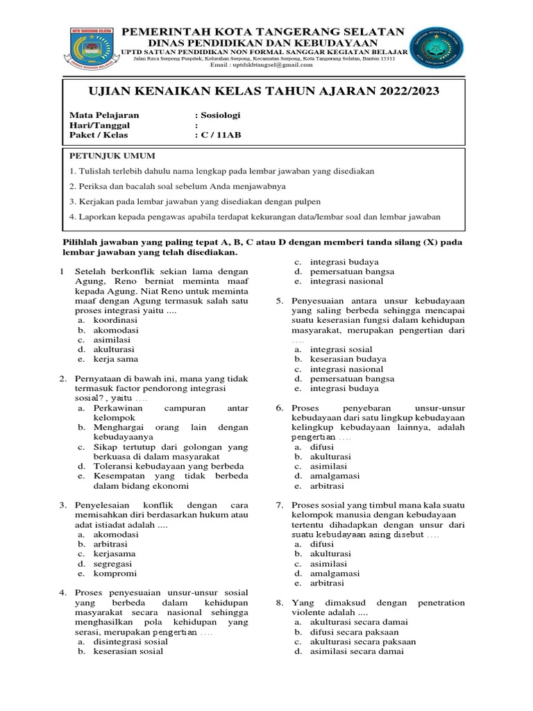 UKK Sosiologi KelaS 11AB | PDF