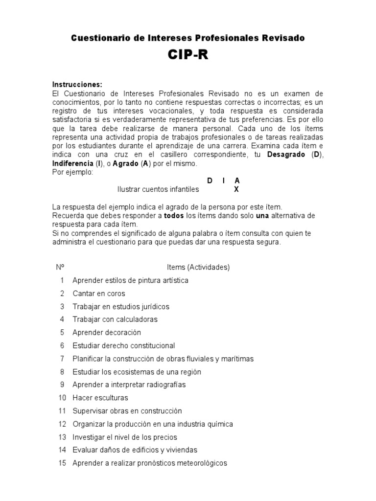 Cuestionario de Intereses Profesionales Revisado | PDF