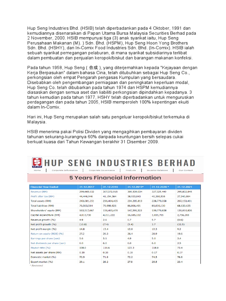 Hup Seng Industries BHD | PDF