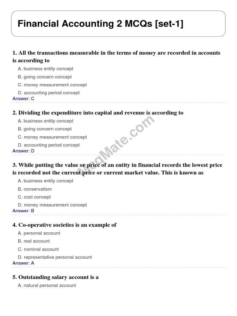 Financial Accounting MCQs Set 1 | PDF | Business | Finance & Money ...