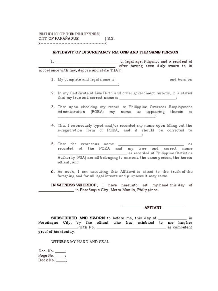 Affidavit of discrepancy re one and the same person POEA (name) | PDF