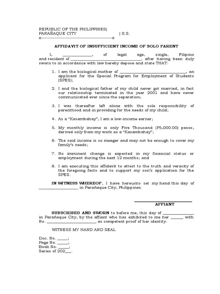 Affidavit of Insufficient Income Solo (SPES) | PDF