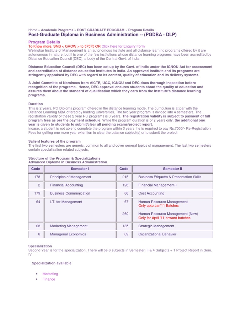 Post-Graduate Diploma in Business Administration - (PGDBA - DLP) | PDF ...