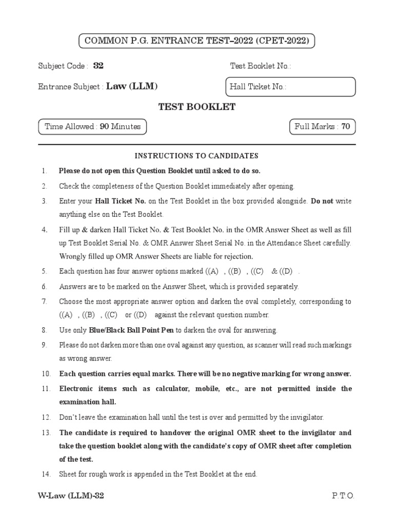 32 Law (LLM) Test Booklet: COMMON P.G. ENTRANCE TEST-2022 (CPET-2022 ...