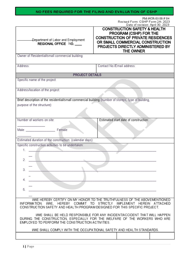 PM NCR 03.08 F.04 Form2A CSHP Application Form Residential BLDG | PDF