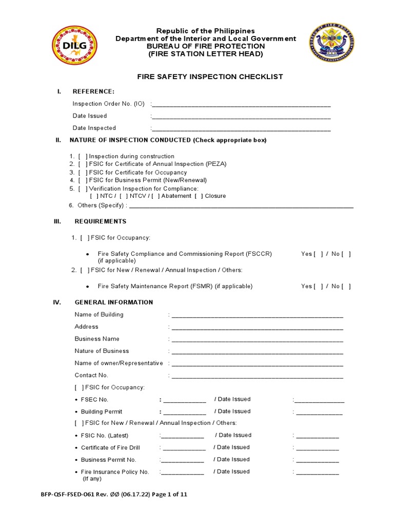 Fire Safety Inspection Checklist BFP | PDF | Fire Sprinkler System | Stairs