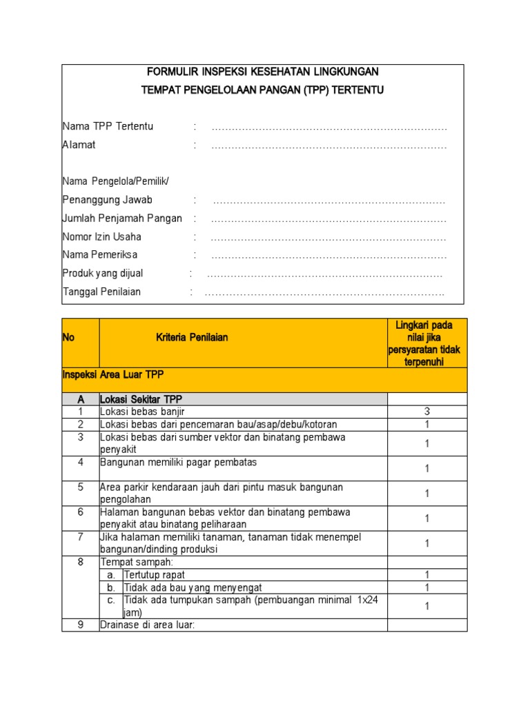 Formulir Inspeksi Kesehatan Lingkungan Tempat Pengelolaan Pangan (TPP) Tertentu | PDF