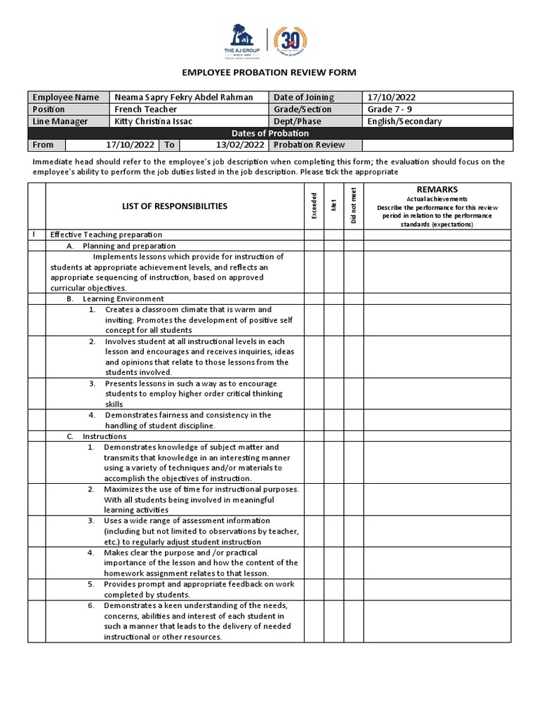 Probation Review Form - Teaching Academics - Neama | PDF | Teachers ...