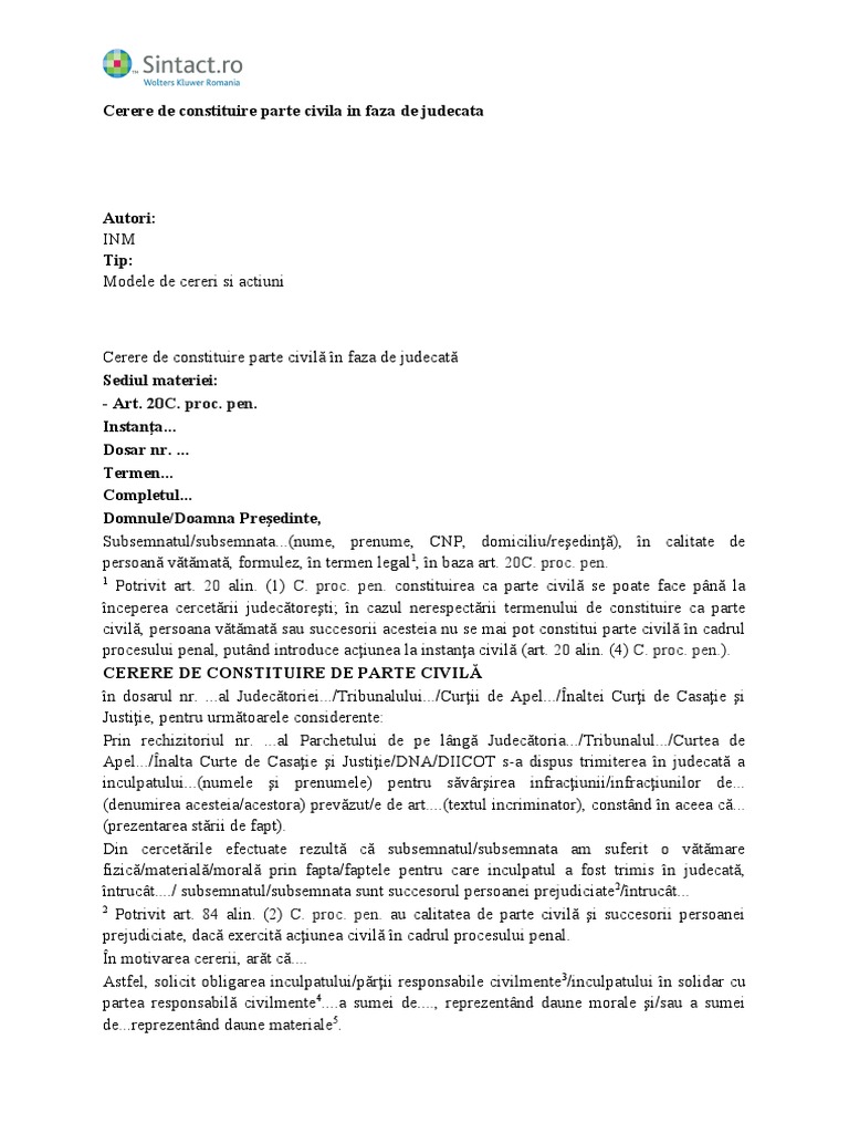 Cerere de Constituire Parte Civila in Faza de | PDF