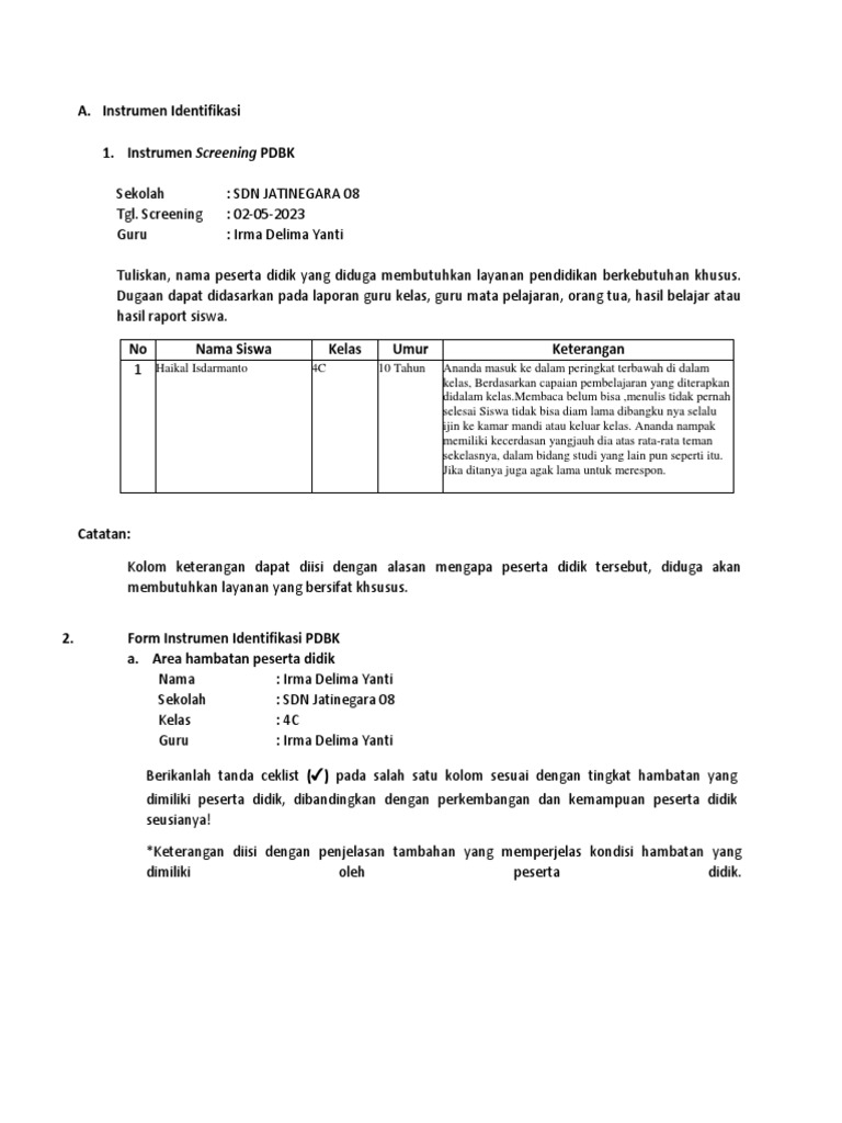 Lembar Kerja 1 Identifikasi PDBK 2023 | PDF